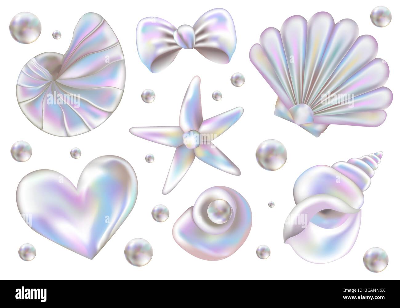 3d Pearl Seashell sticker set in Y2K style. Three-dimensional Pearl ...