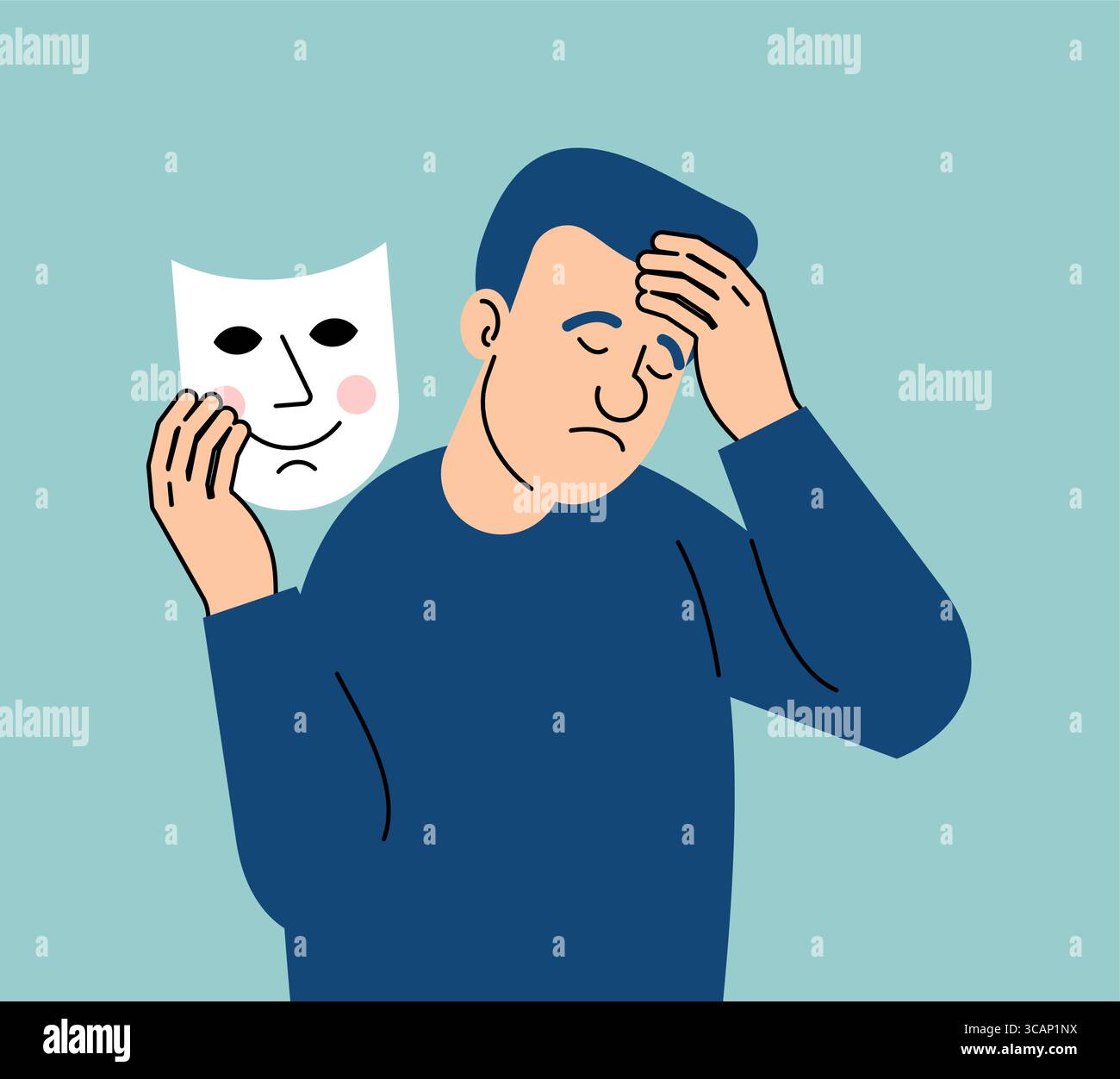 man holding a smiling mask while looking sad, symbolizing hidden ...