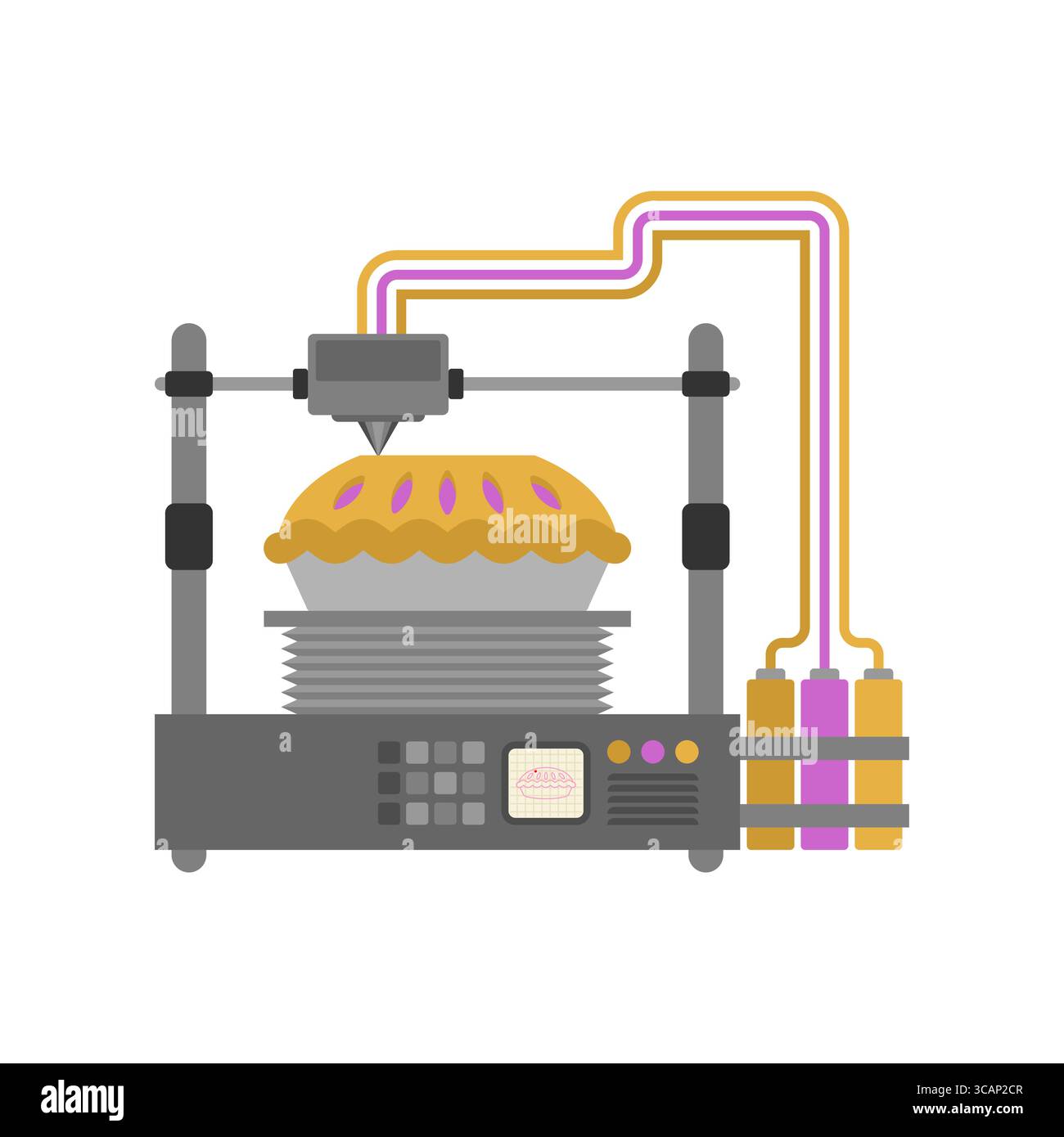 3D printer printing a pie. Represents futuristic food technology, smart ...