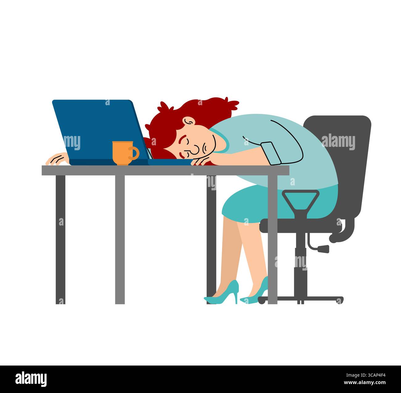 Overworked woman sleeping at her desk with laptop. Exhaustion, burnout ...