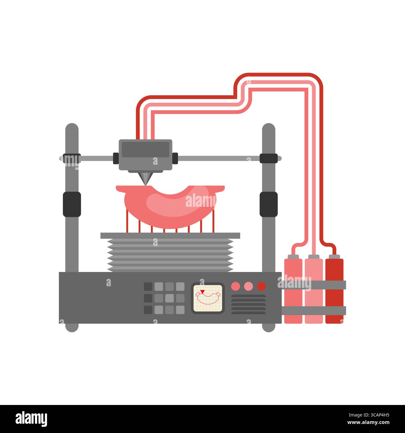 3D bioprinter printing a sausage. Concept of artificial food production ...