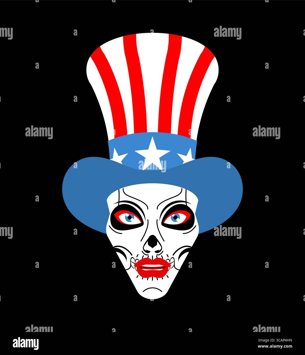 Sinister Uncle Sam skull with glowing eyes on black background. Horror ...