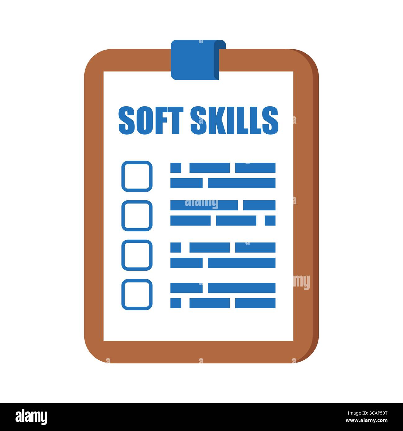 Clipboard with a checklist titled “Soft Skills.” Concept of personal development, career growth ...