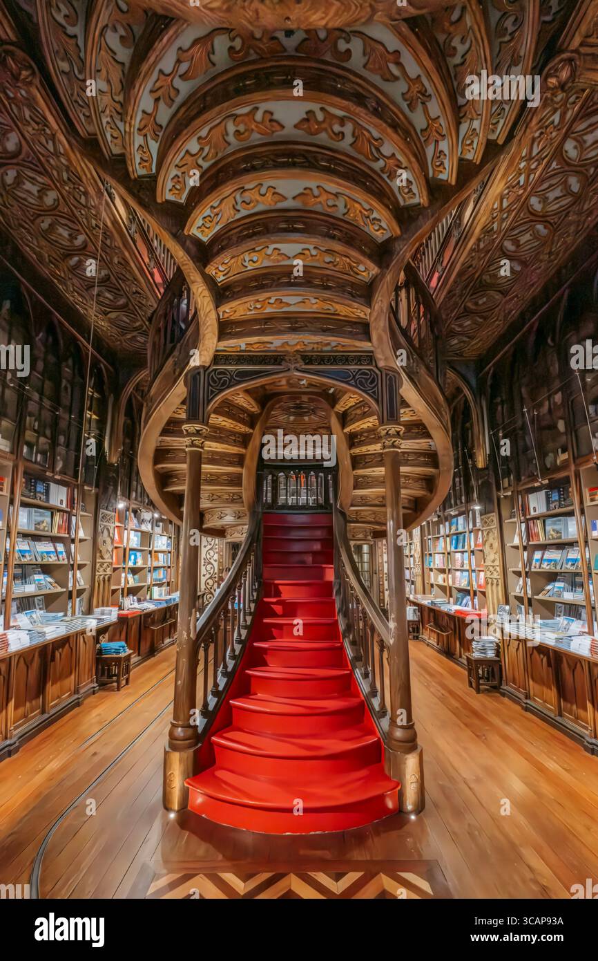 Gothic Staircase Inside Famous Lello Bookstore in Porto Portugal. Neo ...