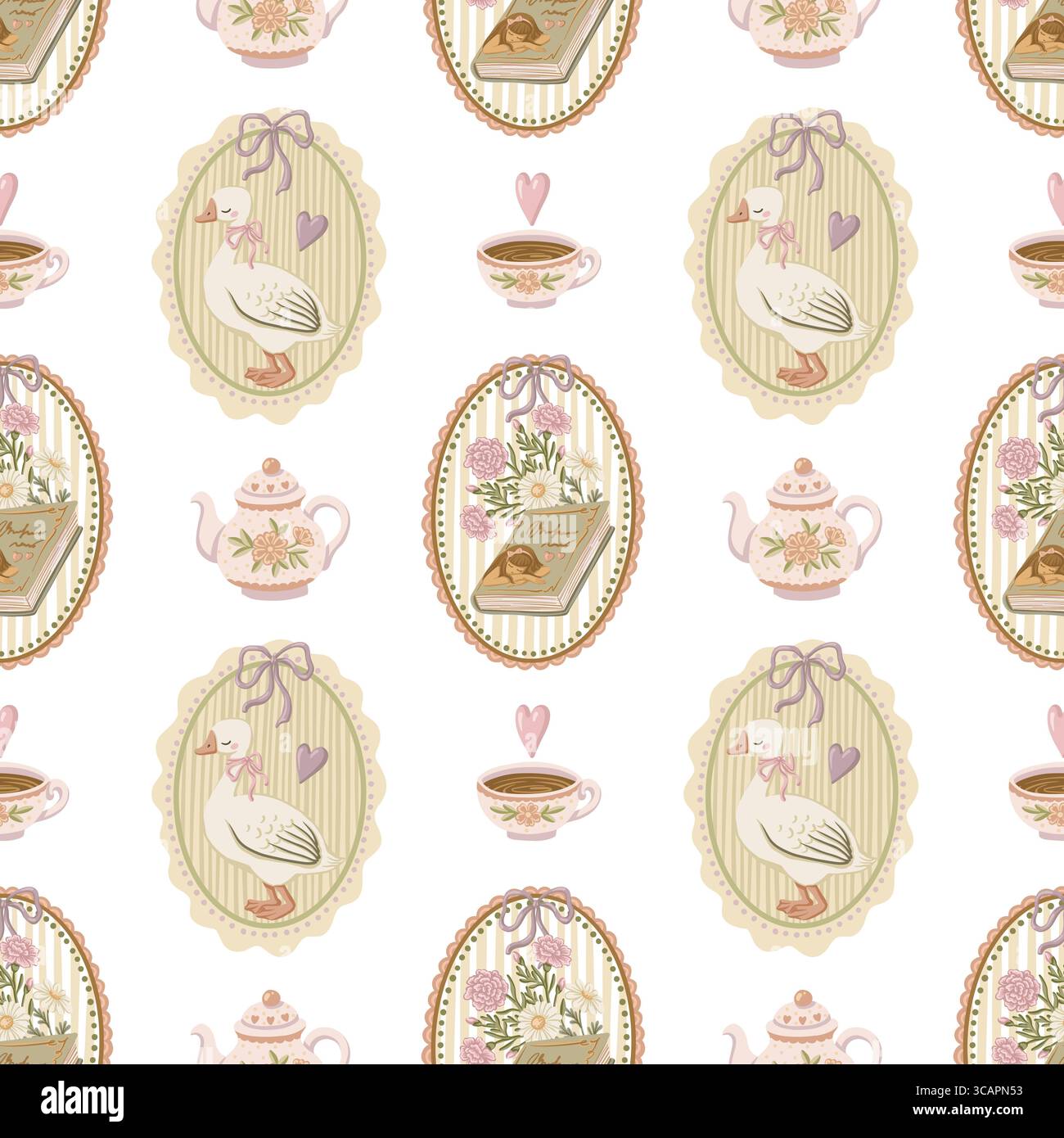 Cute goose and flower bouquet in pastel picture frame seamless pattern ...