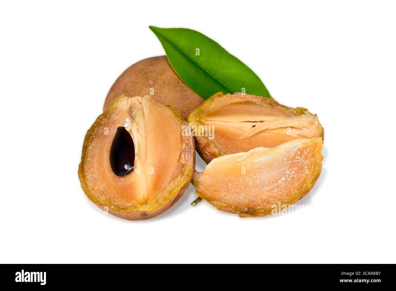 Slice of sapodilla, Chickoo fruit with leaves isolated on white ...
