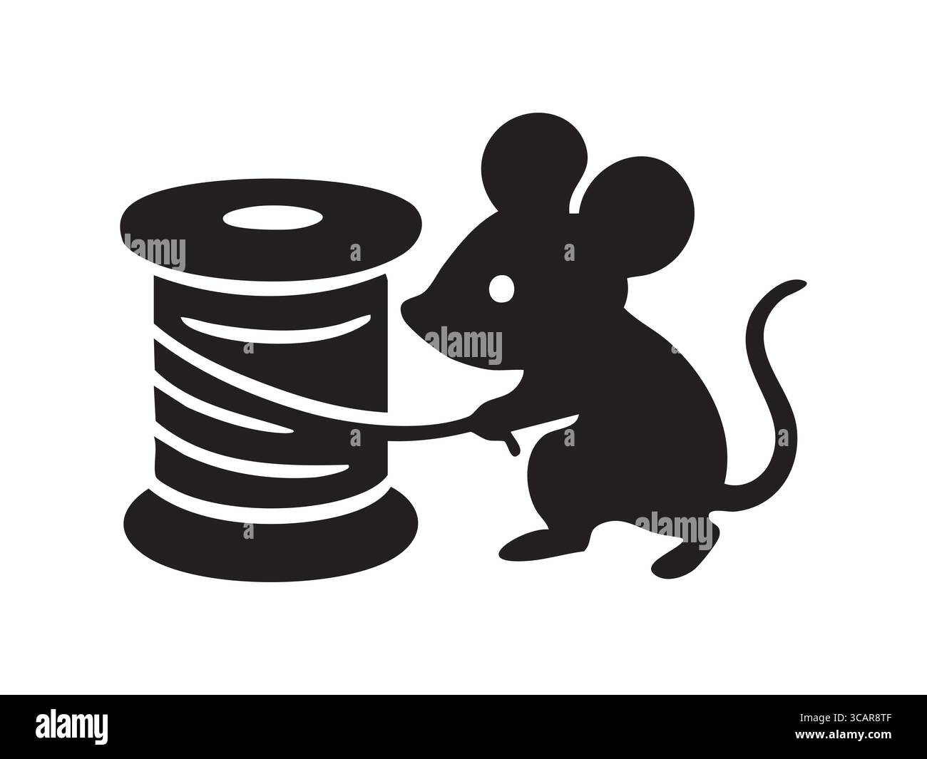 Black silhouette of mouse playing with spool of thread, isolated on ...
