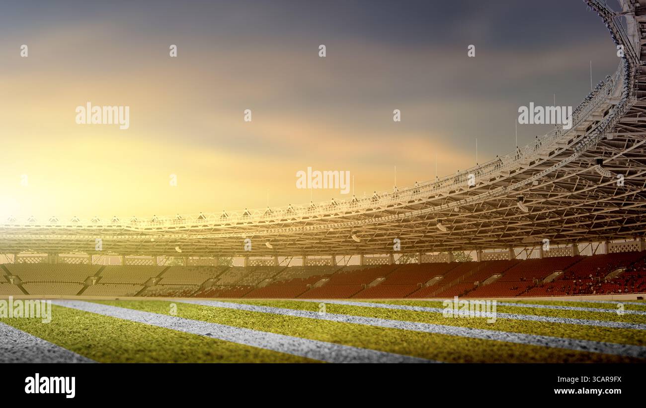 Yard line on the turf of an American football green field stadium with ...