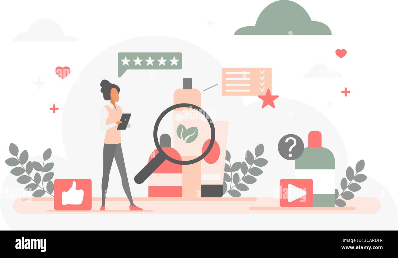 Consumer analyzing product quality with magnifying glass, rating stars ...