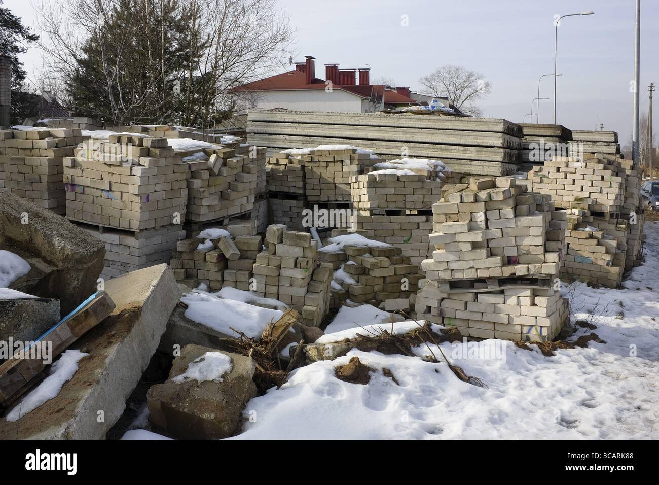 Thousand old white silicate bricks and concrete blocks on the thrown ...