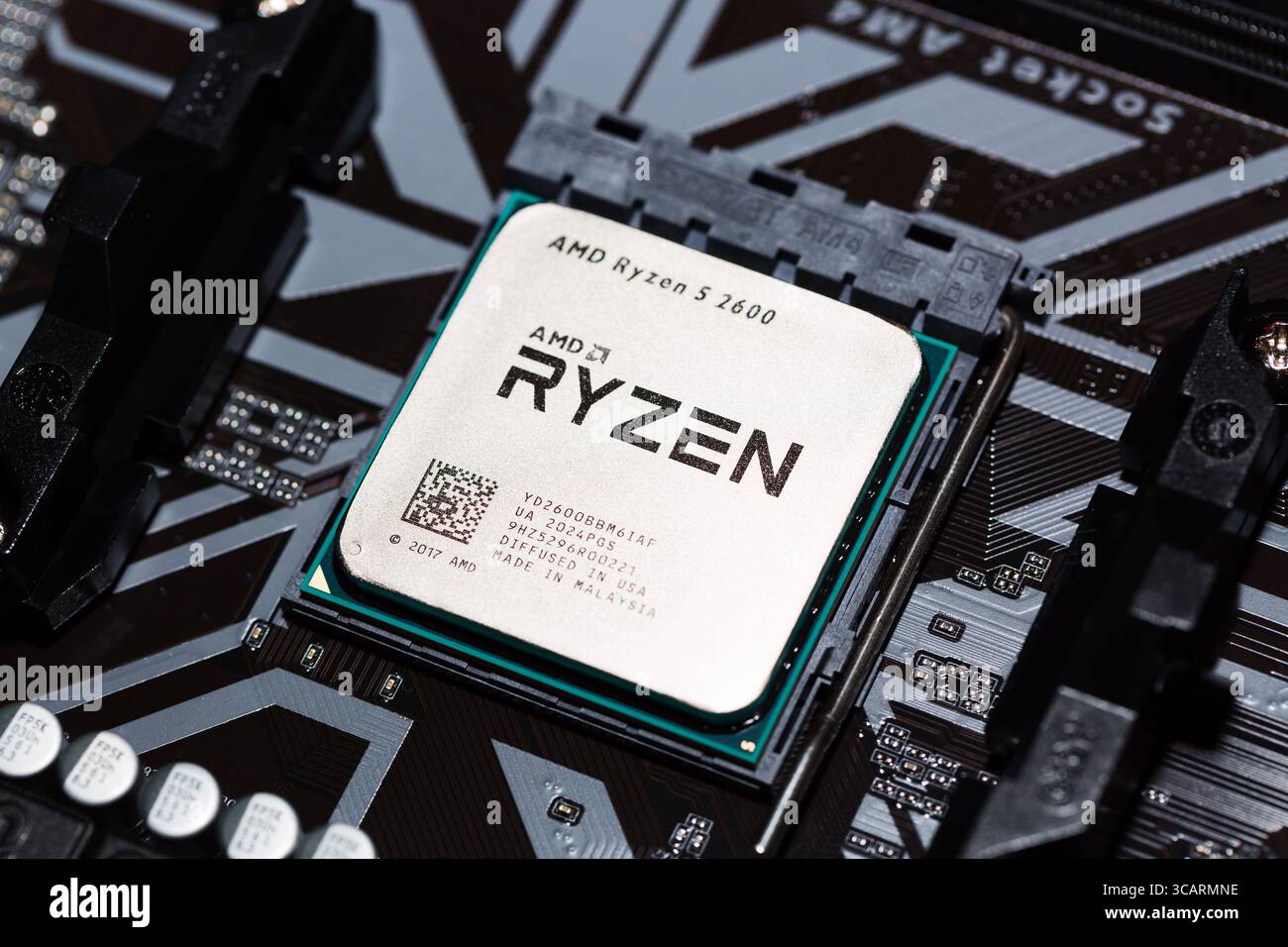 Moscow, Russia - October, 2020: AMD Ryzen 5 2600 Processor close up in ...