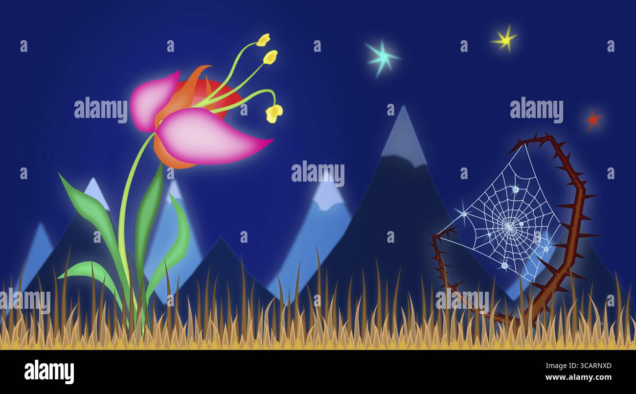 Lonely pink flower in cold autumn night simple children illustration ...