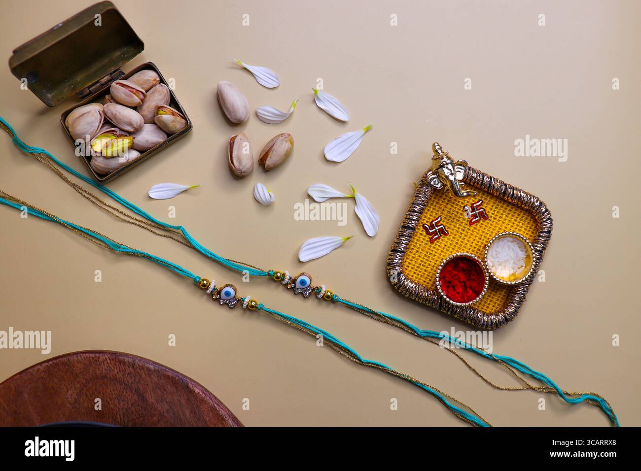 Indian festival Raksha bandhan. Rakhi thali with diya, flowers and ...