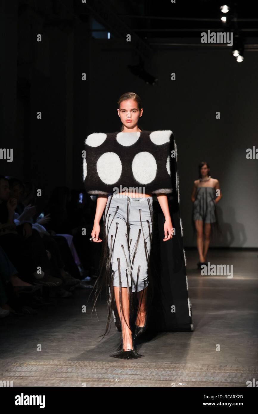 Copenhagen, Denmark. August 7, 2025. A model on the catwalk wearing a ...