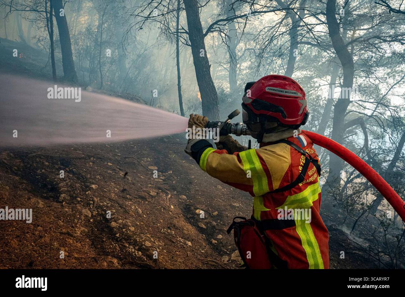This photo, provided by the Securite Civile on Thursday Aug. 7, 2025 ...