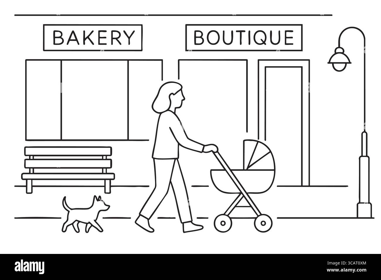 Woman walking baby stroller near bakery and boutique coloring page ...