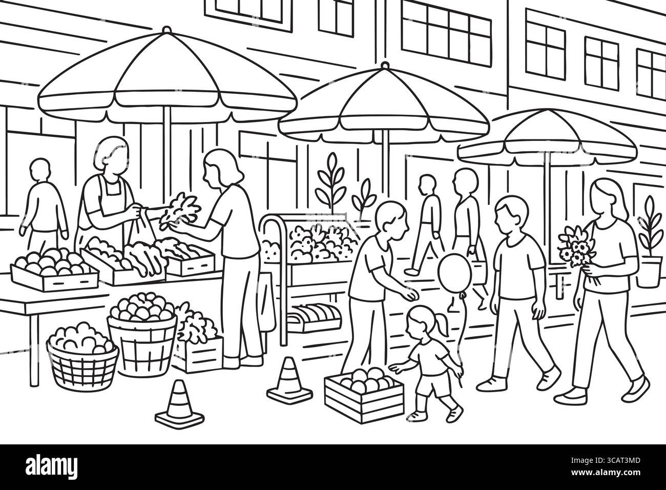 Black and white drawing of a vibrant city street market with vendors ...