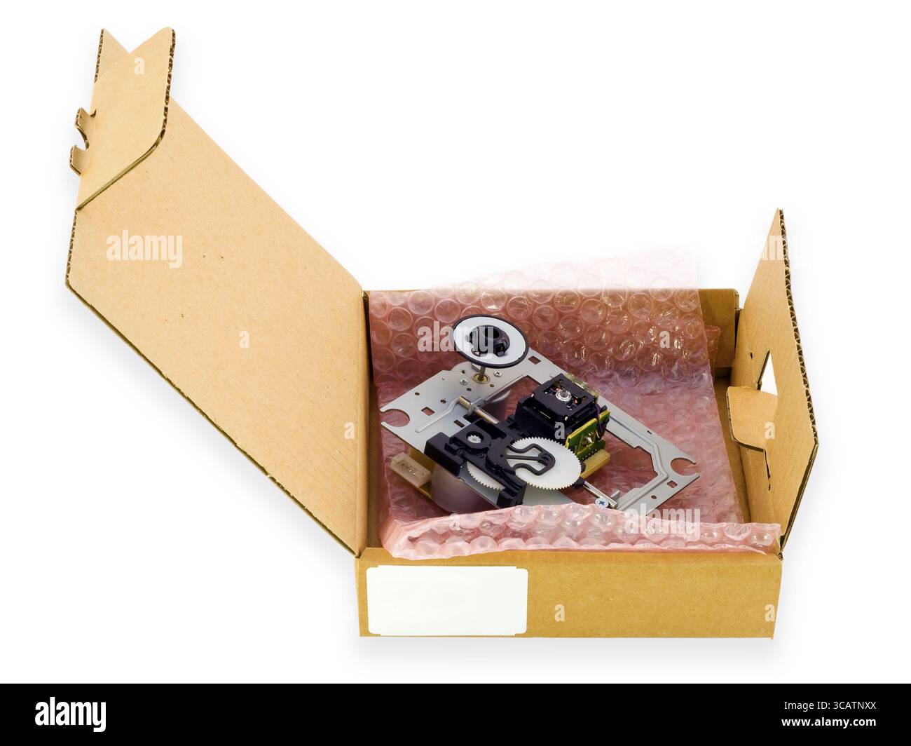 Real cardboard packing-box with electronic spare part- optical CD unit ...
