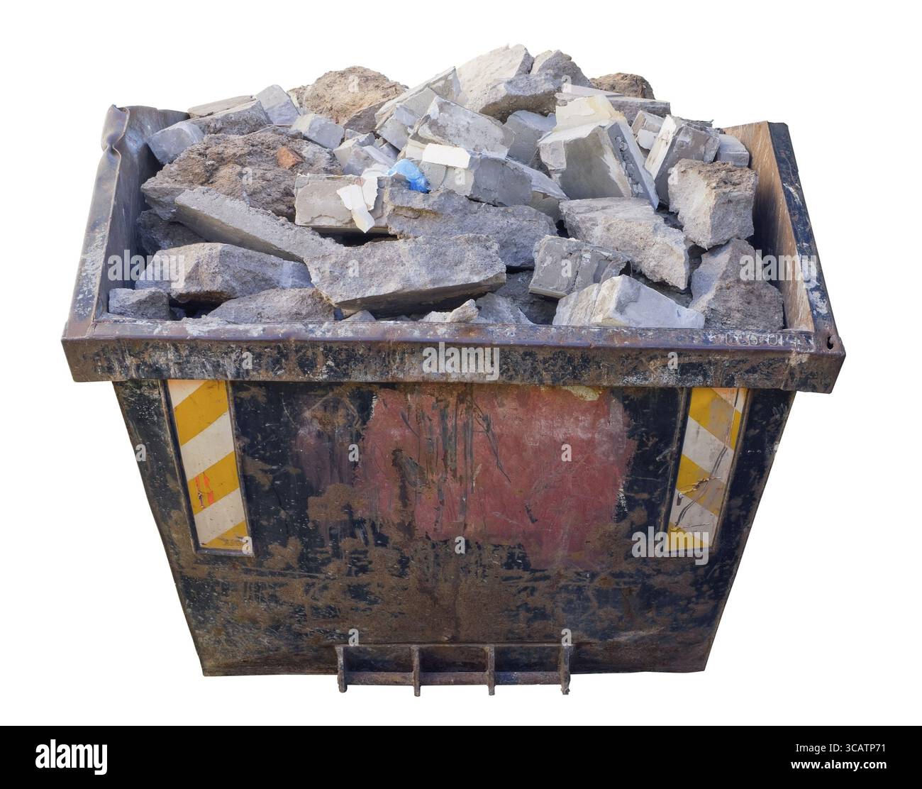 Large rusty steel container loaded with fragments of concrete and ...