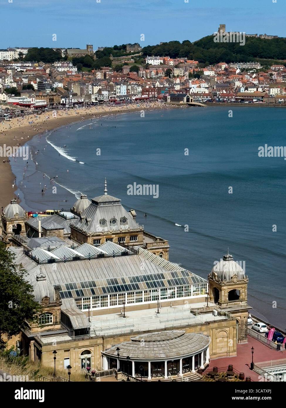 Aerial view of the harbor in the coastal town of Scarborough on the ...