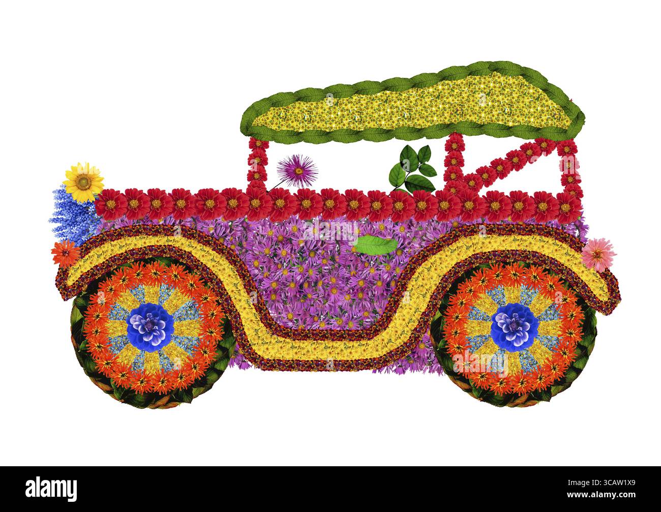 Vintage bio retro car made from fresh summer flowers. Abstract isolated ...