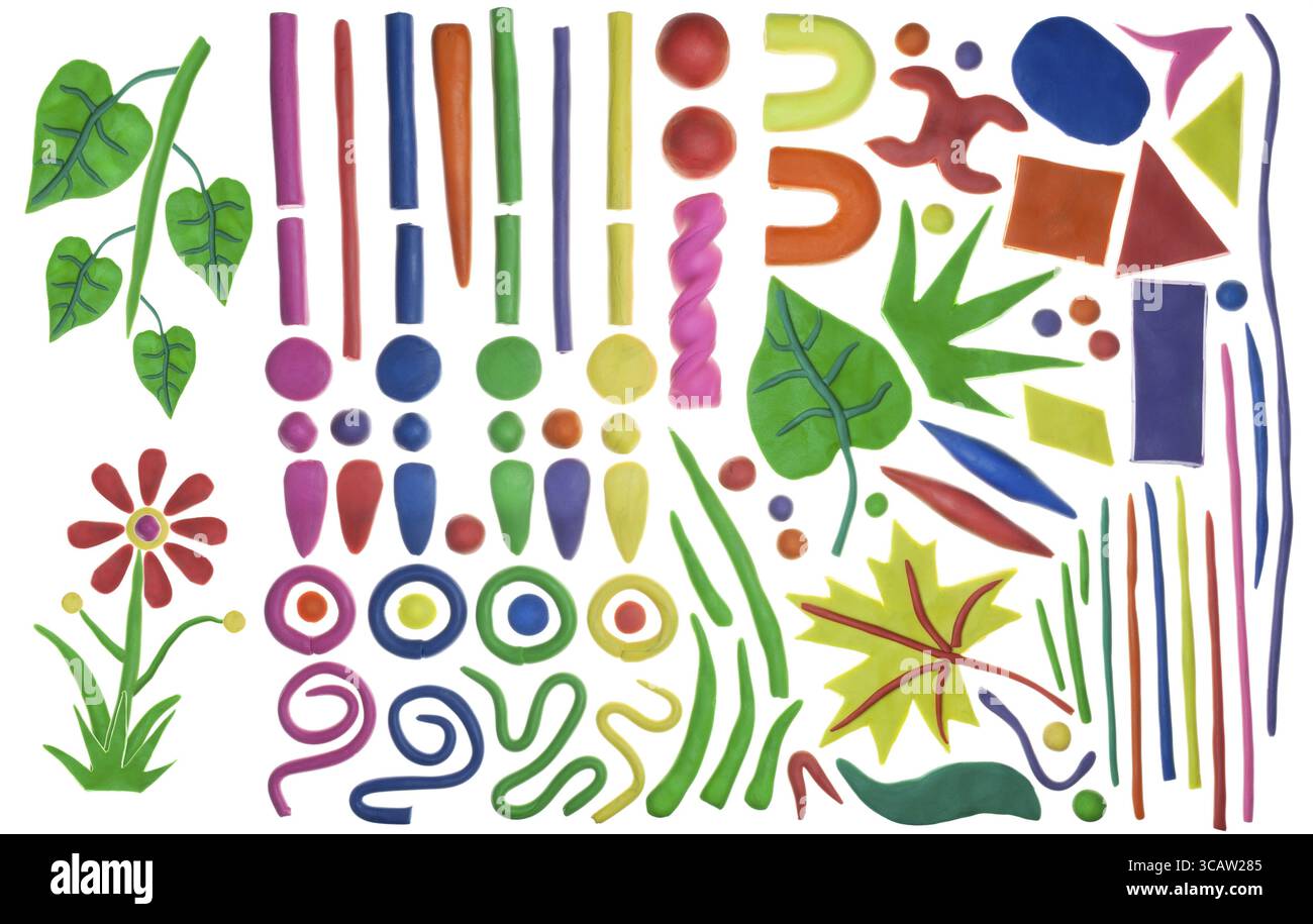 Set of simple design elements and figures from color plasticine ...
