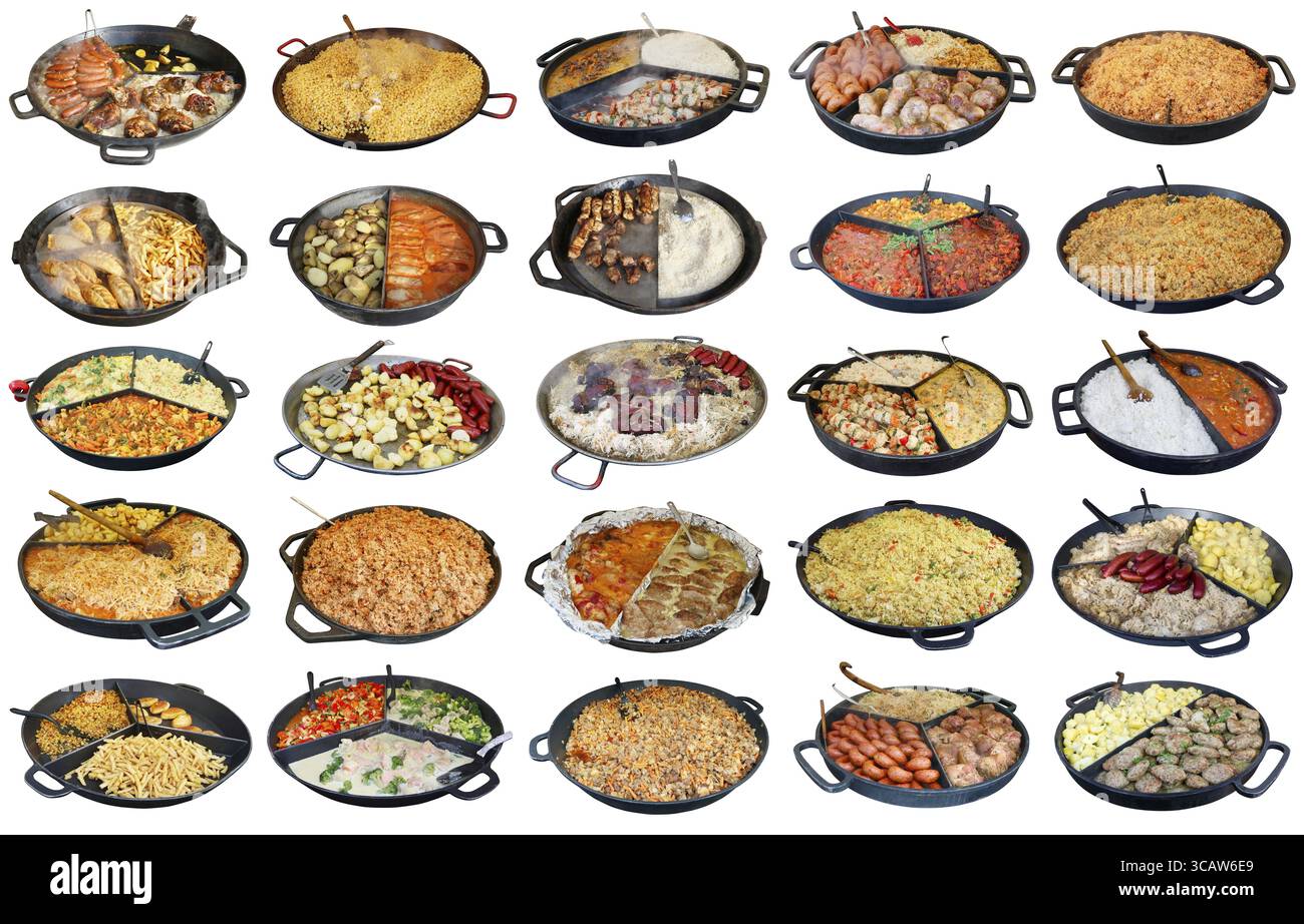 Fast street homemade food in big frying pans. Isolated collage set from ...