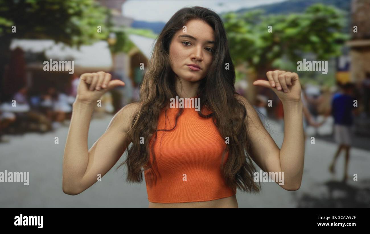 Woman pointing thumb chest hi-res stock photography and images - Alamy