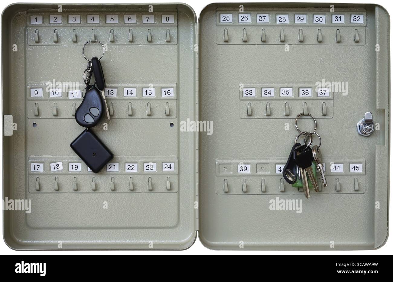The simple open gray metal case box for a car and rooms keys. Isolated ...