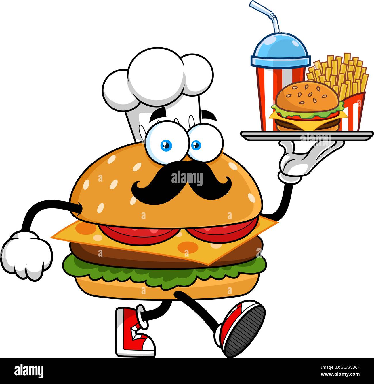 Burger Chef Cartoon Character Walking and Holding Fast Food Meal Tray ...