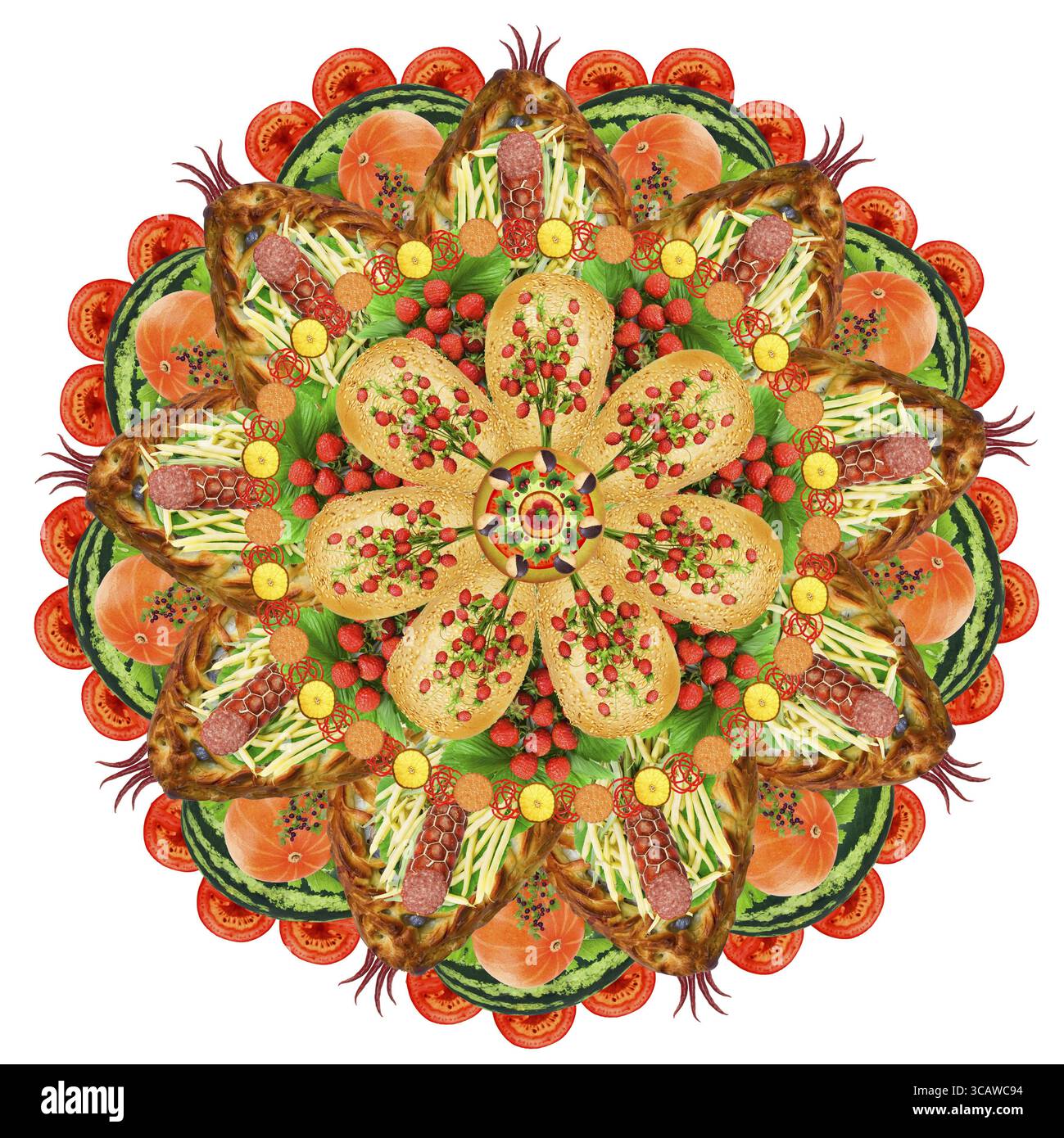 Sacred mandala of fat men and gluttons made from foods ingredients ...
