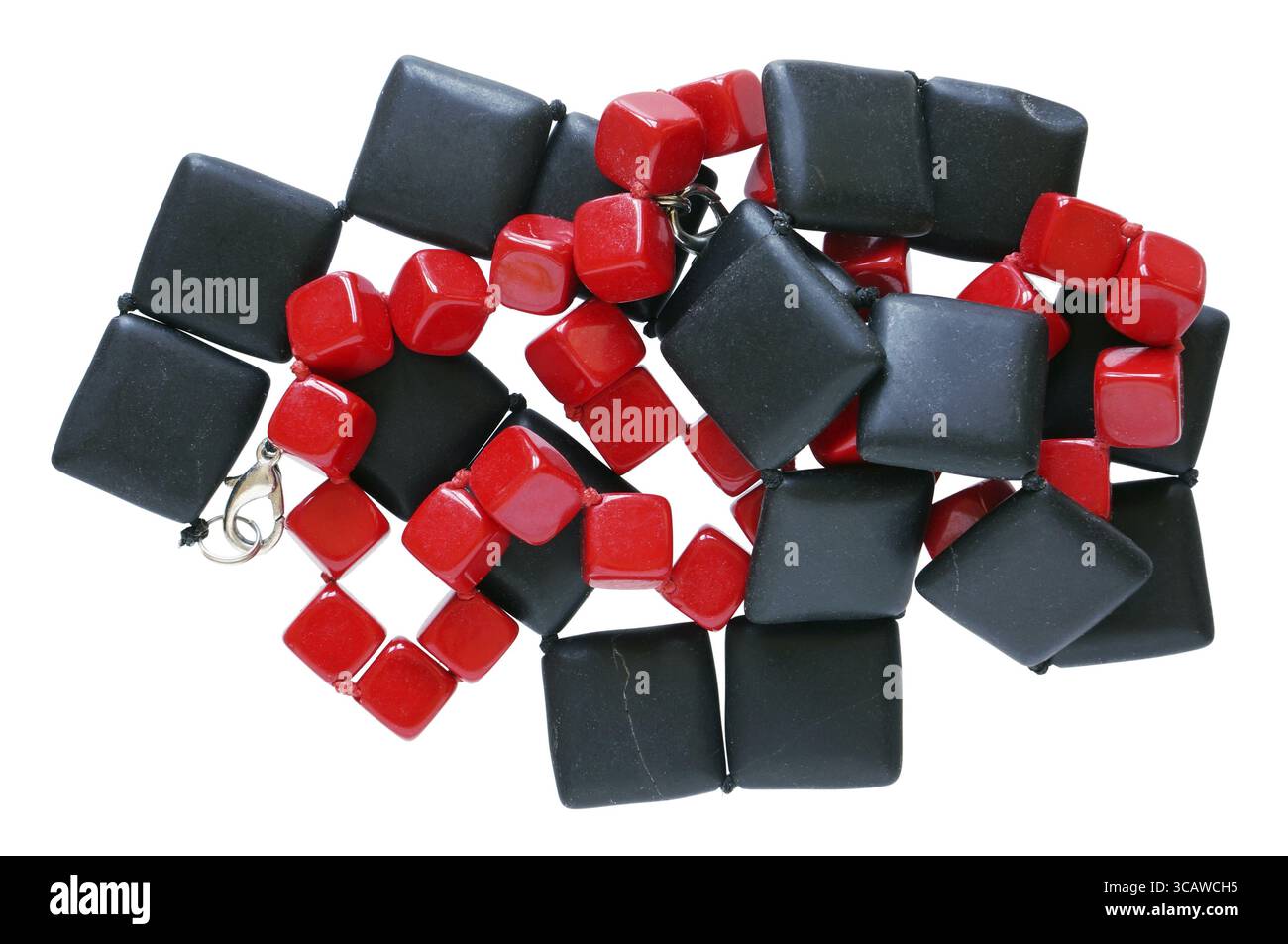 Homemade female beads are made of red an black smooth stones. Isolated ...