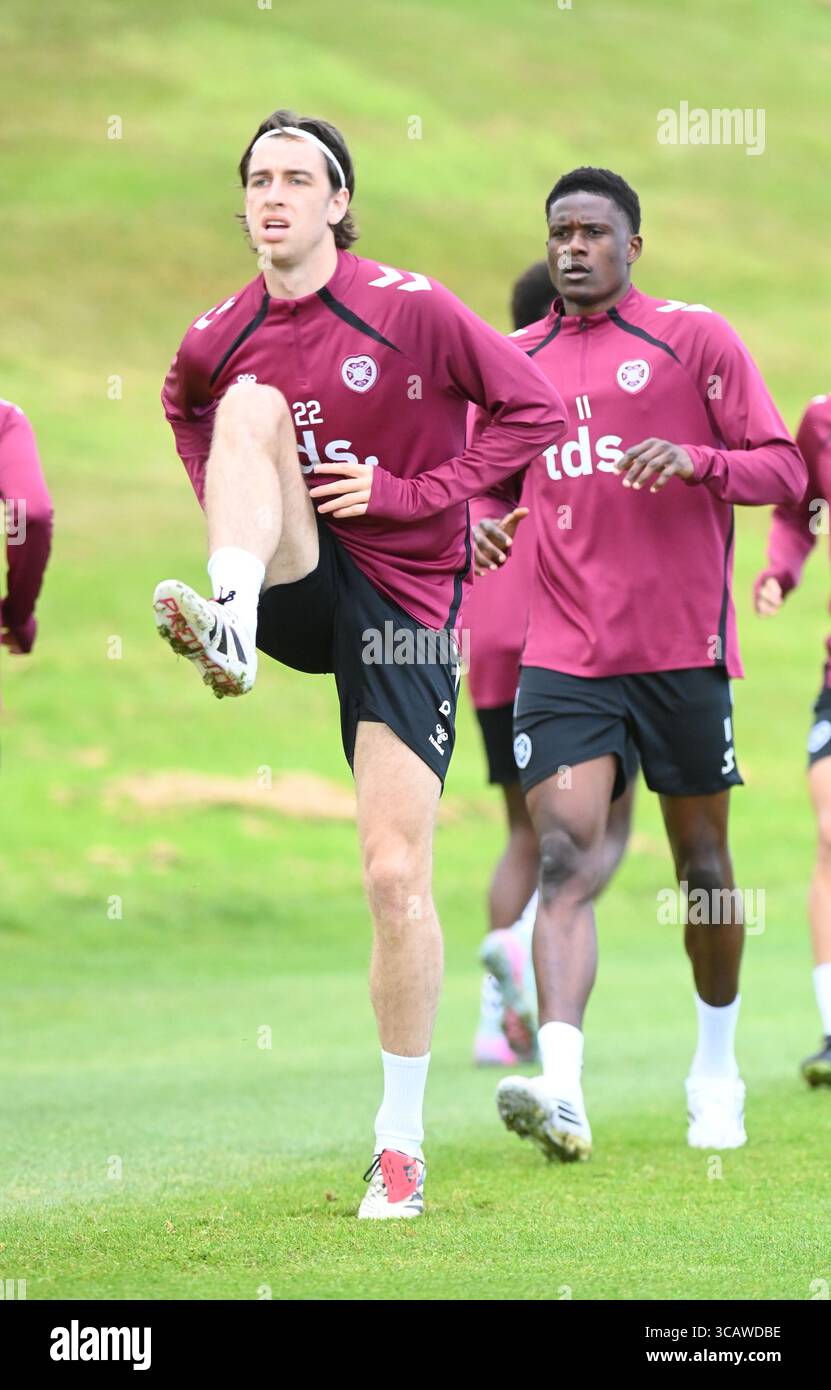 Oriam Sports Centre Edinburgh.Scotland.UK 7th Aug 2025 Hearts recent signings T—mas Bent ...