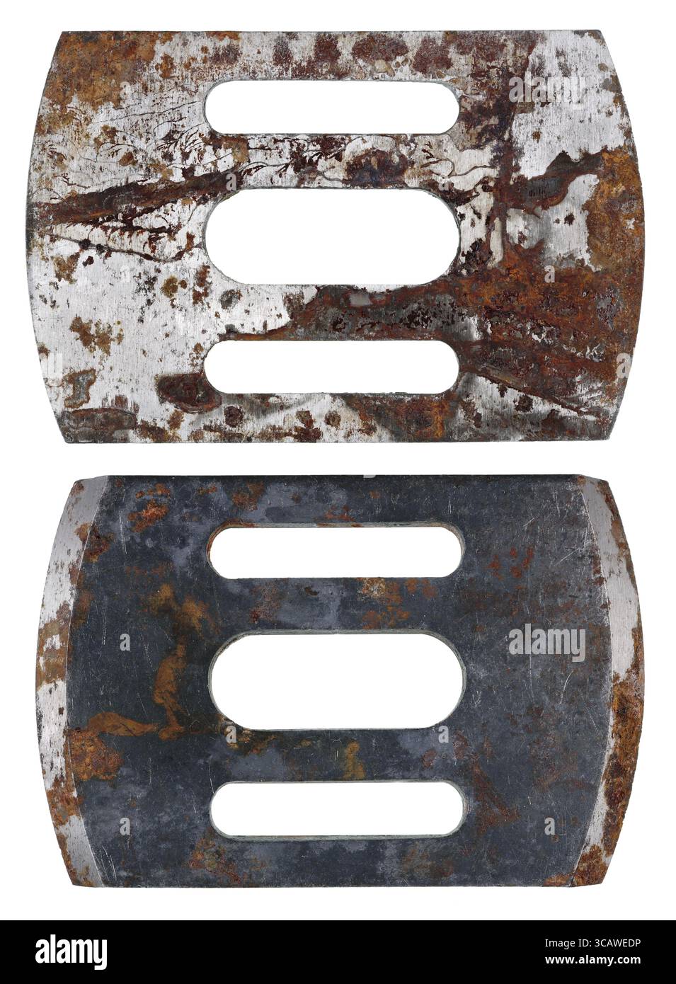 Rusty blade of an old carpenter's plane. Isolated on white studio macro ...
