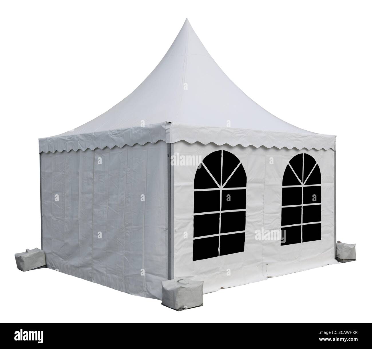 White canvas no name tent is installed on the street. The corners of ...