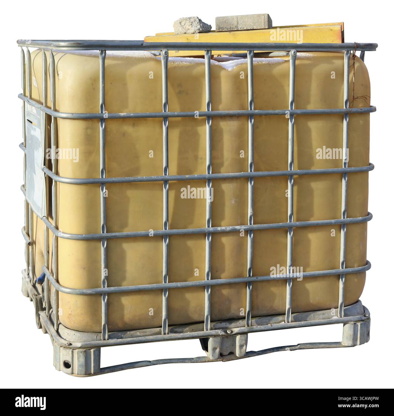 Large plastic tank with fittings used to store water on a construction ...