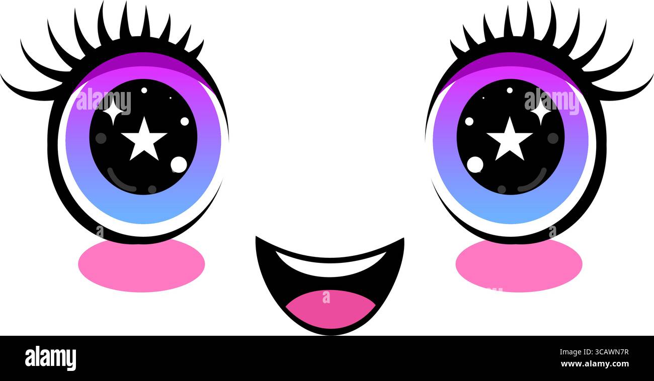 Kawaii face with big sparkling starry eyes, long lashes, and rosy ...
