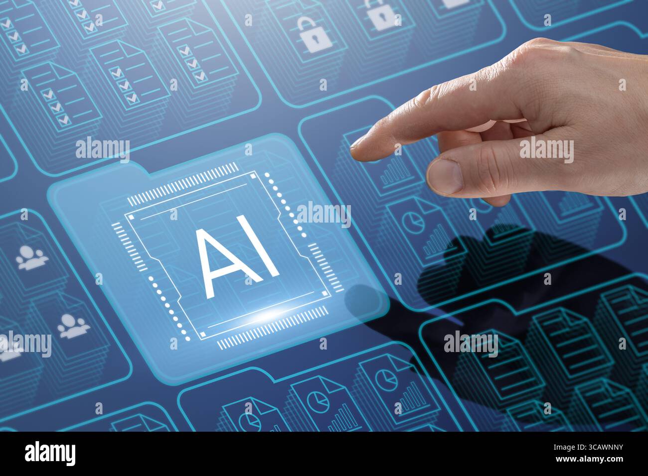 Human hand interacts with virtual interface showing AI chip and digital ...