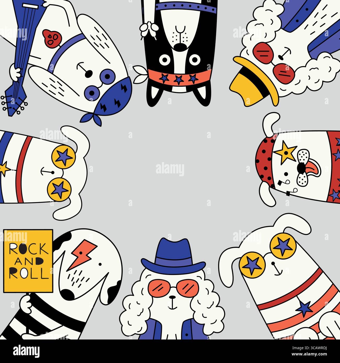 Funny cartoon dogs dressed as rock musicians arranged around the edges ...