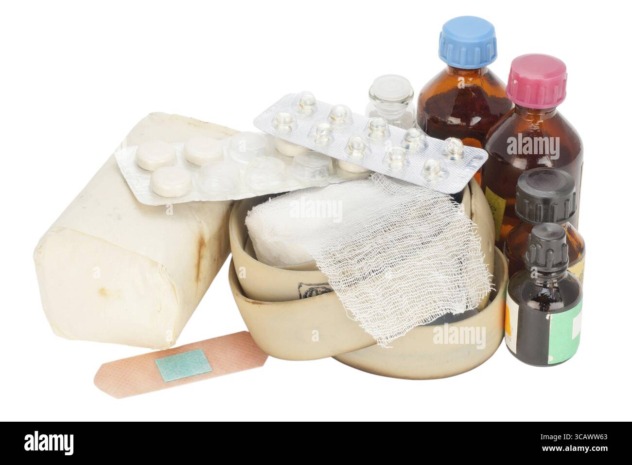 Old dusty expired medicines, iodine, an antiseptic, pills, bandages ...