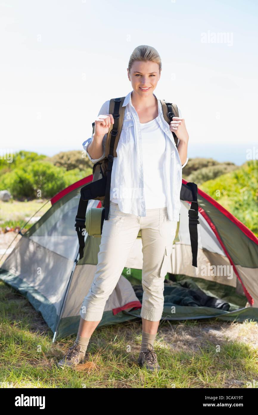 Woman gripping backpack straps hi-res stock photography and images - Alamy