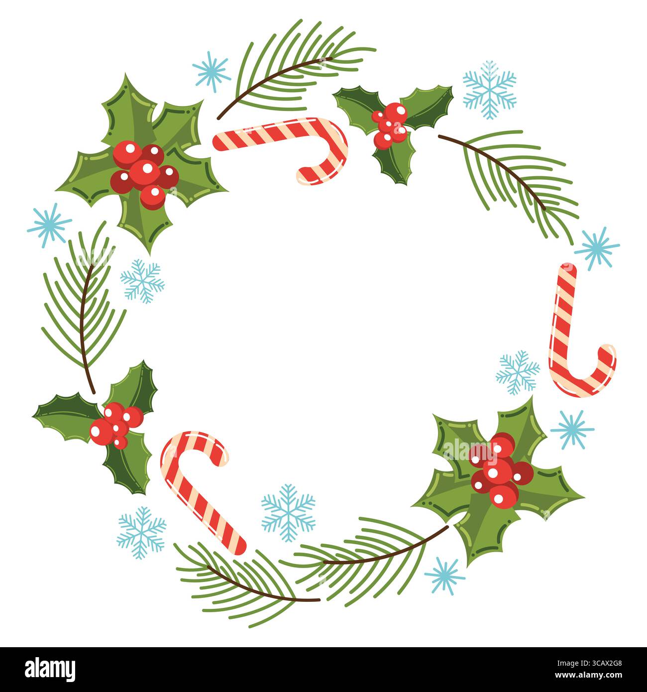 Round Christmas wreath with holly berries, spruce branches, candy canes ...