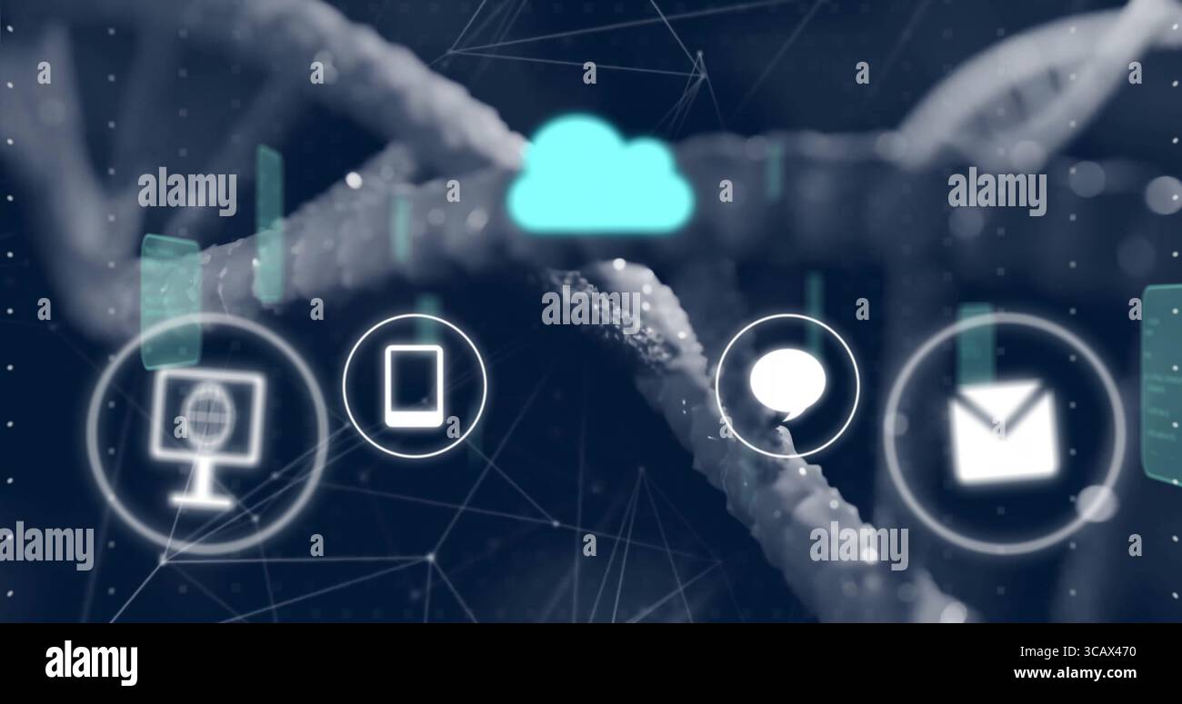 Floating cyan cloud icon over tubular lines, with computer smartphone ...