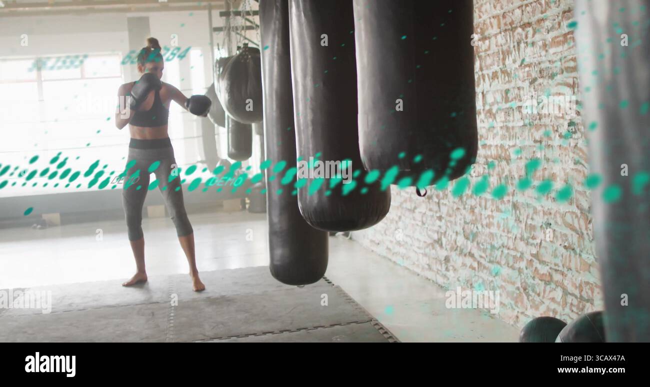 Preparing boxer in sports bra holding fighting stance in boxing gym ...