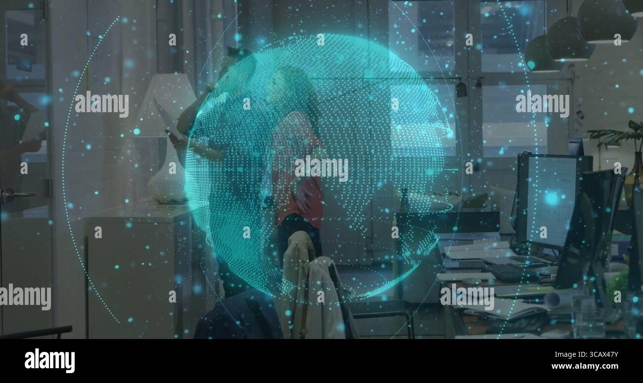 Projecting digital holographic globe overlaying modern office desks ...