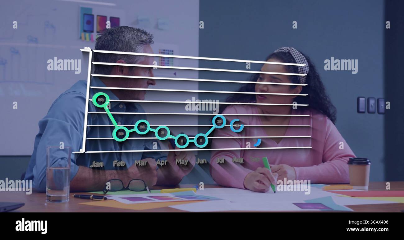 Analyzing line chart overlay with team reviewing color swatches and ...