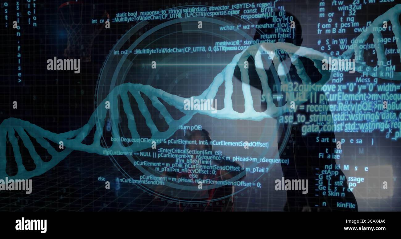 Rotating glowing blue DNA helix floating in virtual UI, with C++ code ...