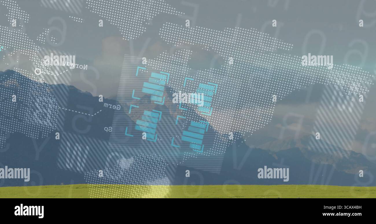 Displaying dotted world map overlay over meadow and mountains, with ...