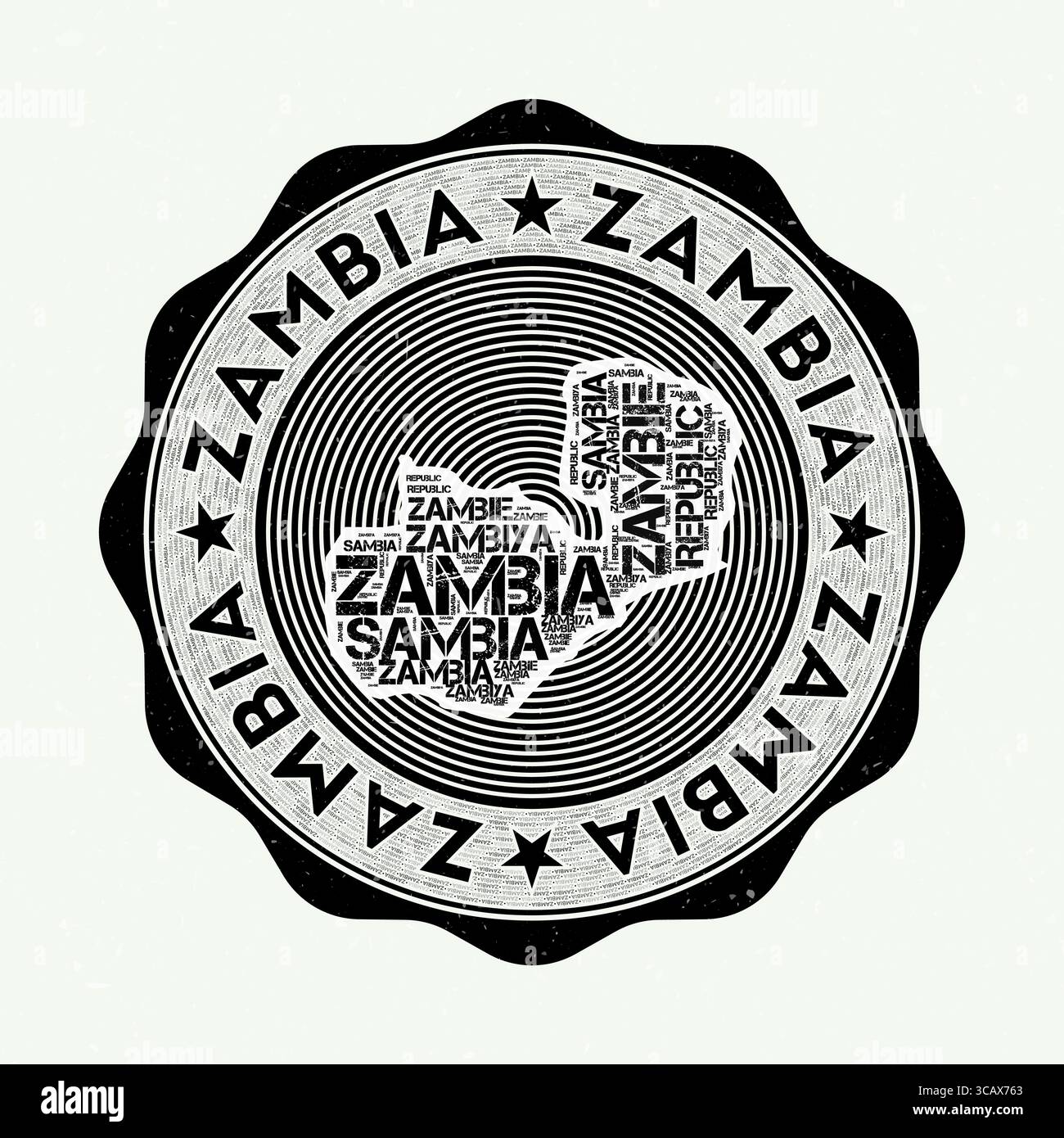 Zambia seal. Country round logo with shape of Zambia and country name ...