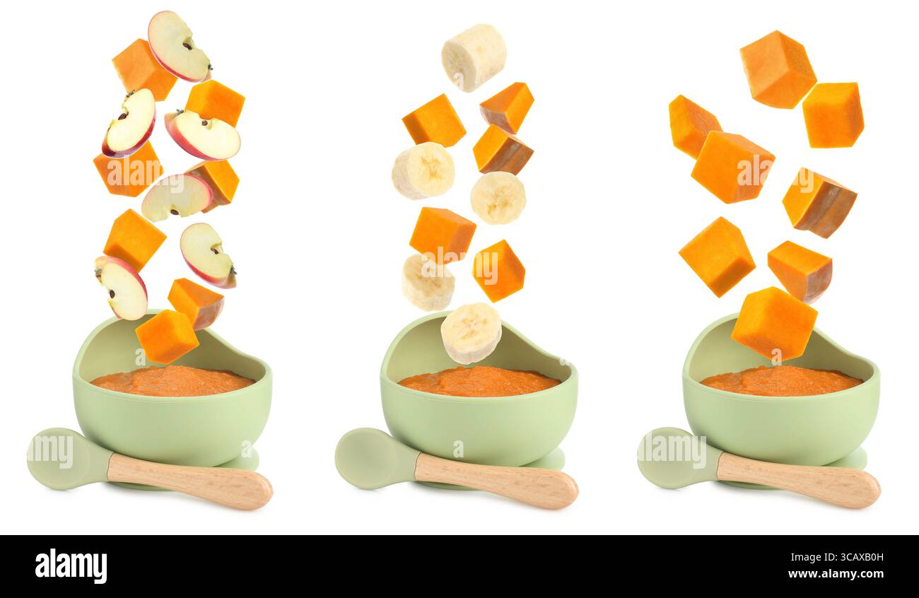 Baby food. Different fresh ingredients falling into bowls with puree ...